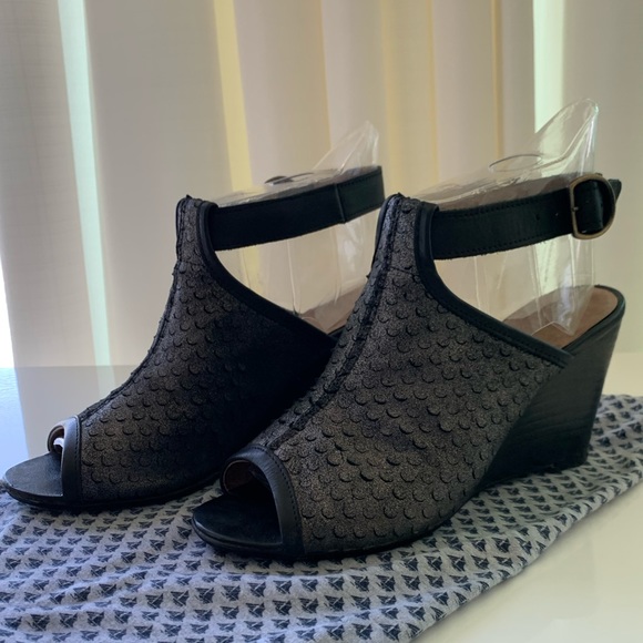 Anthropologie | Shoes | Coque Terra Black Leather Wedge Heel Sandals Sz ...
